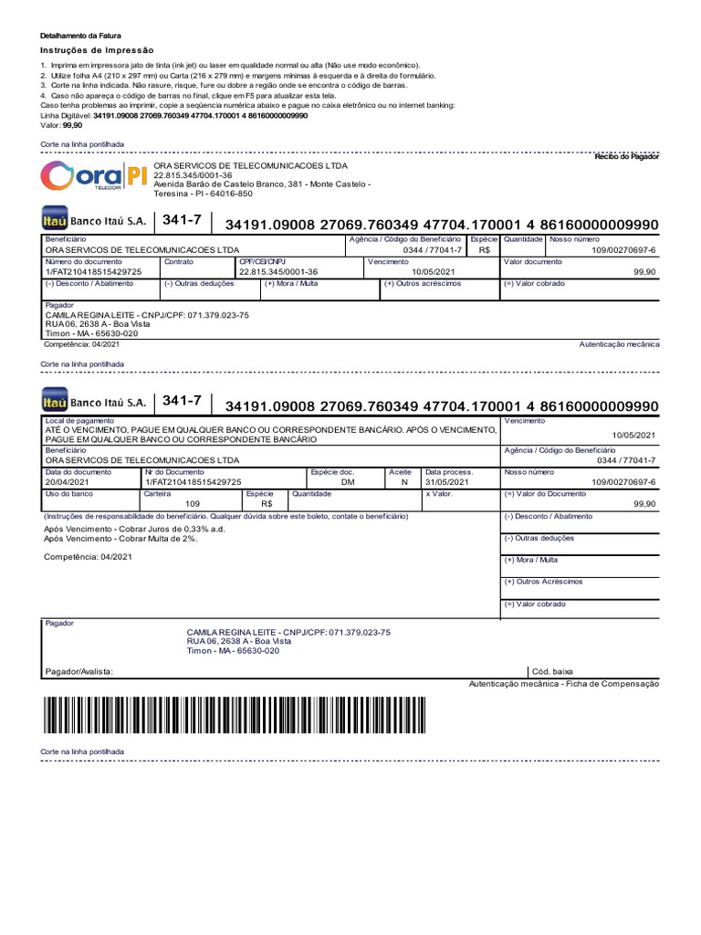 CAMILA REGINA LEITE - CNPJ/CPF: 071.379.023-75 RUA 06, 2638 A - Boa Vista Timon - MA - 65630-020 ...