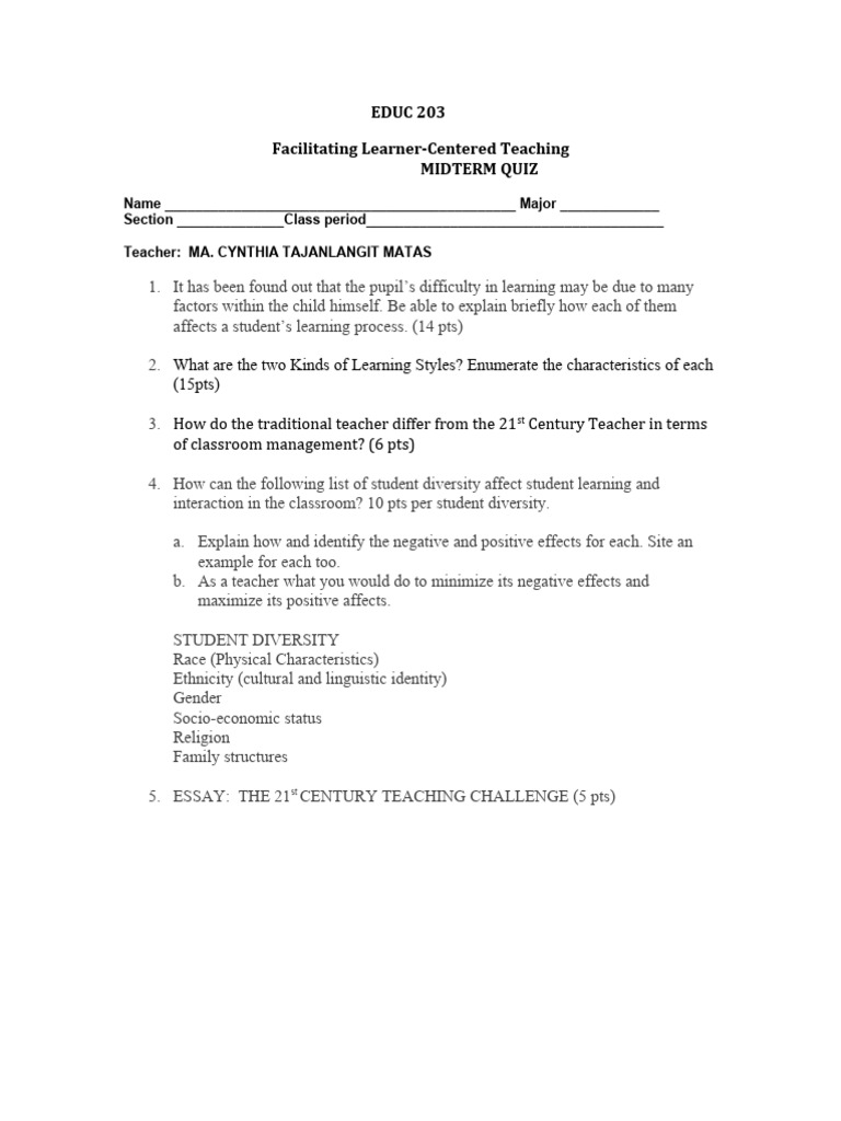 Emelyn Papasin - 2021-22 EDUC 203 Midterm Quiz | PDF | Career & Growth