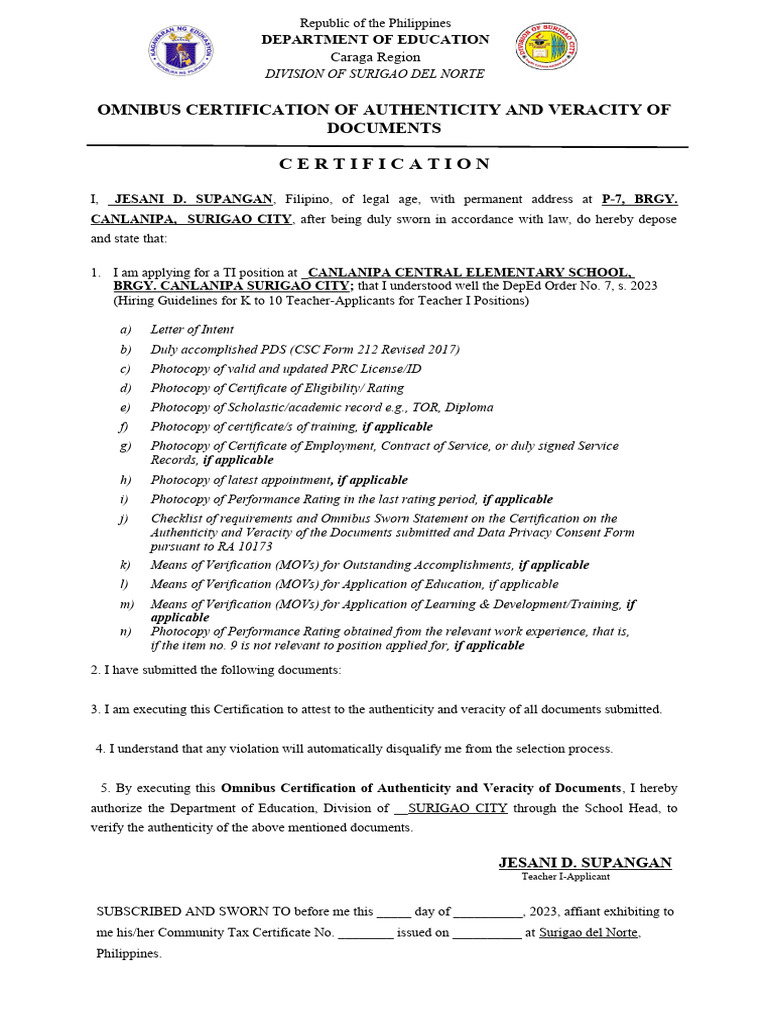 Omnibus Certification of Authenticity and Veracity of Documents | PDF