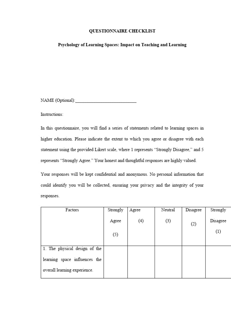 Learning Spaces Impact Questionnaire | PDF | Learning | Cognition