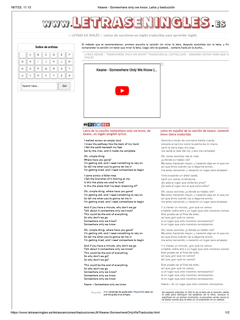 Keane - Somewhere Only We Know. Letra y Traducción | PDF
