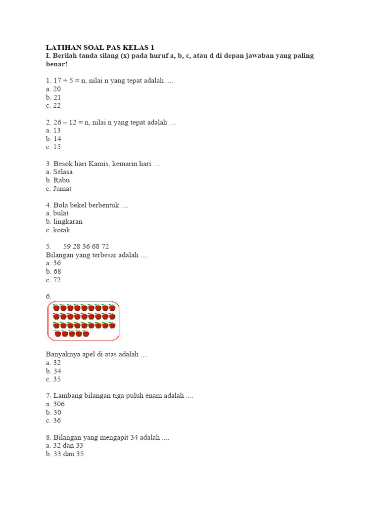 Soal Pas Matematika Kelas 1 Semester 2 | PDF