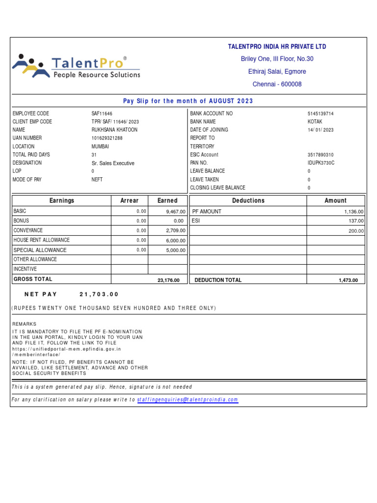 SAF11646 SalarySlip August 2023 | PDF | Public Finance | Employment ...