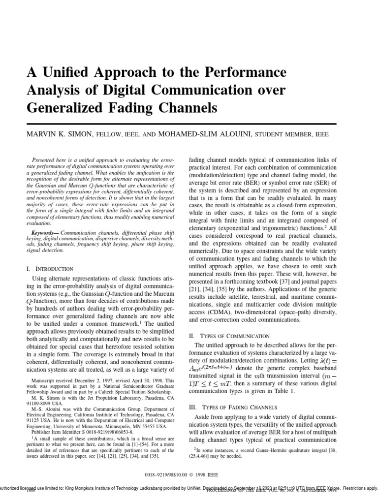 A Unified Approach To The Performance Analysis of Digital Communication ... A Unified Approach To The Performance Analysis of Digital Communication ...