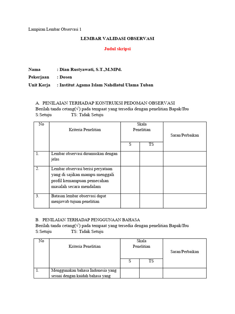 Lampiran Validasi Lembar Observasi | PDF