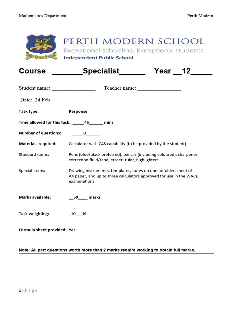Year 12 Specialist Mathematics Task | PDF | Function (Mathematics ...