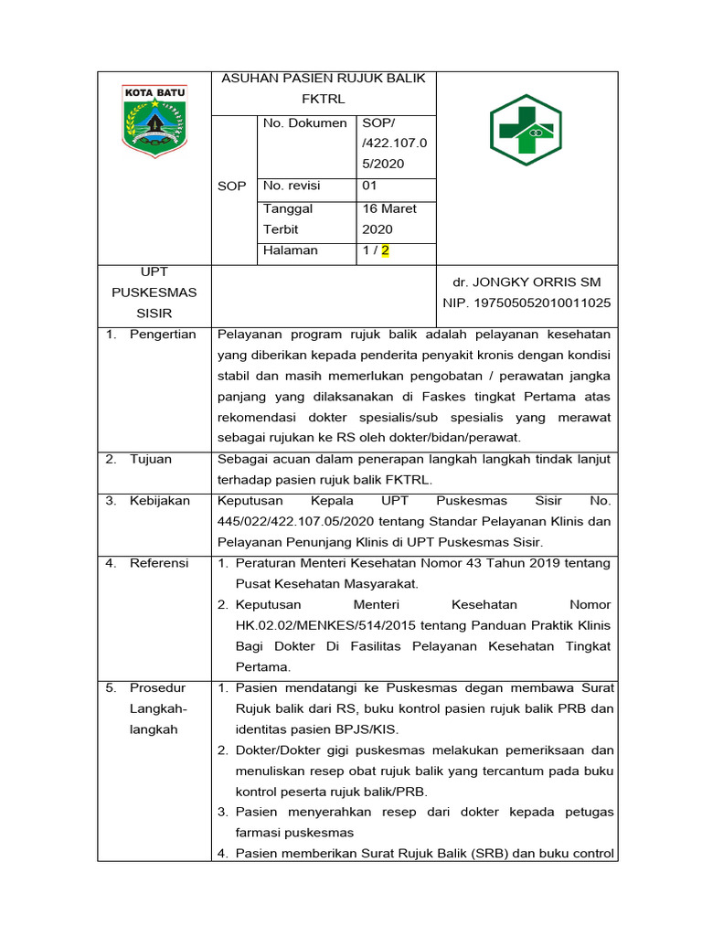 Sop Asuhan Pasien Rujuk Balik Fktrl Pdf