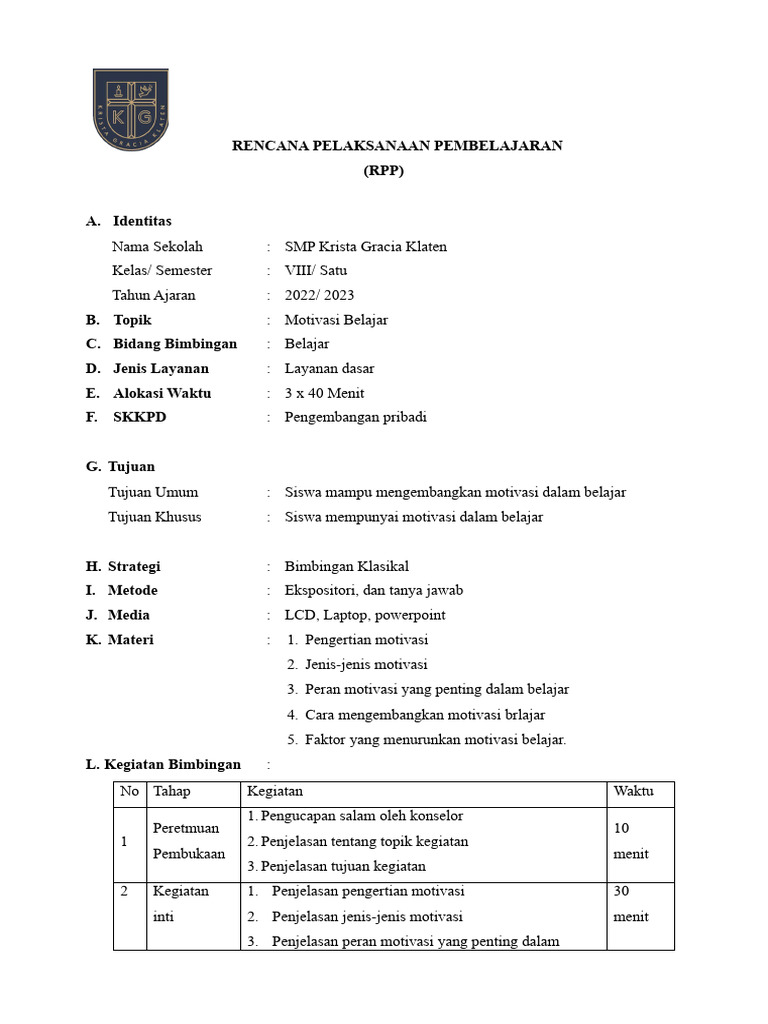 RPP Motivasi Belajar SMP Kelas 8 | PDF | Pengembangan Diri