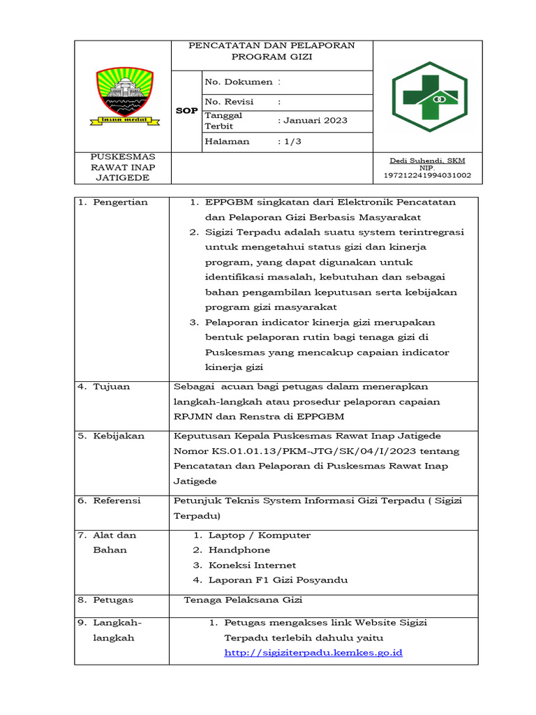 Sop Pencatatan Dan Pelaporan Program Gizi | PDF
