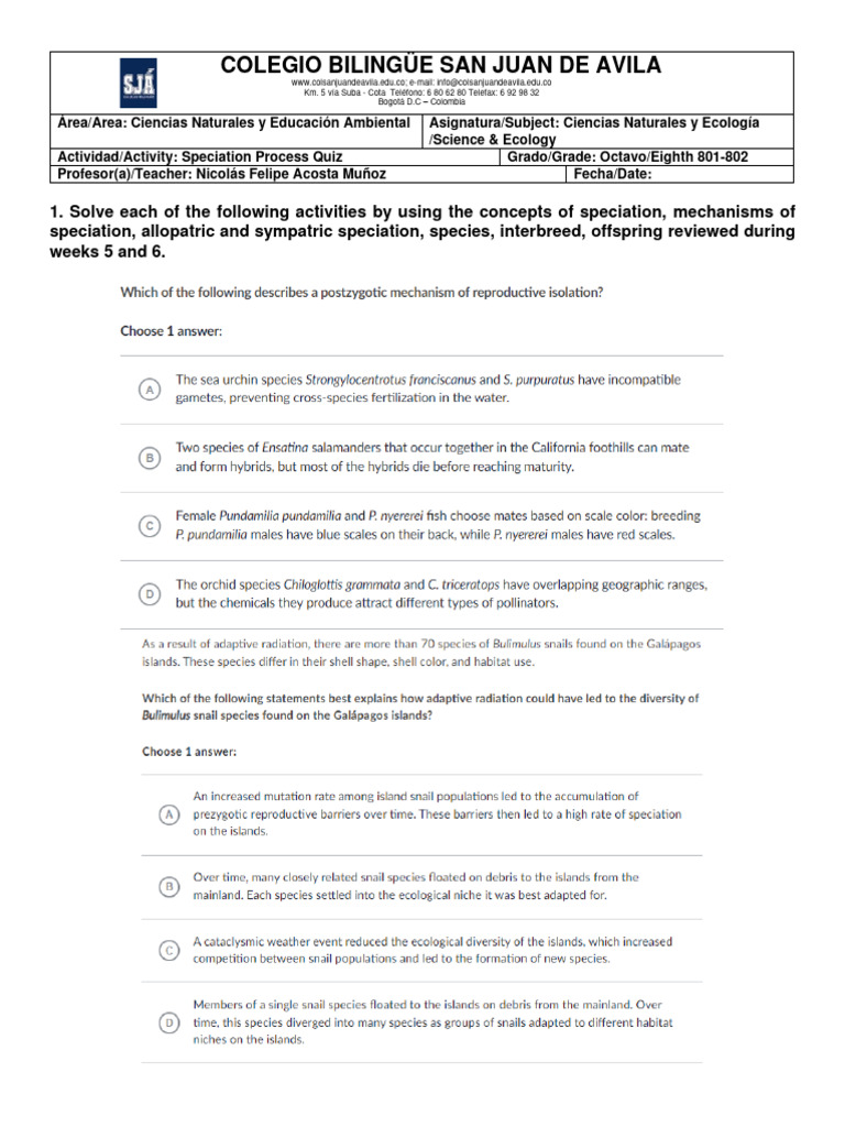 Speciation Process Quiz Final | PDF | Hybrid (Biology) | Species