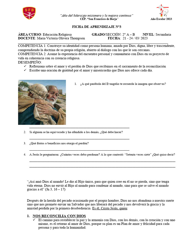 Ficha de Aprendizaje N 3 La Reconciliacion 2do Sec 2023 | PDF | Perdón | Amor