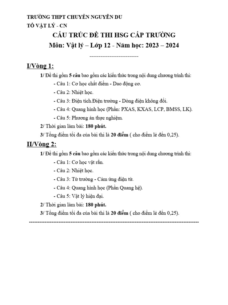Cau Truc de Thi HSG Cap Truong - Lop 12 - 2324 | PDF