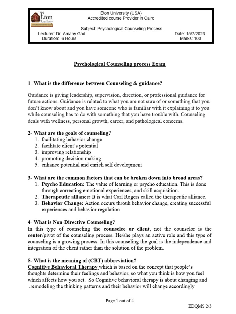 Psychological Counseling Process Exam | PDF