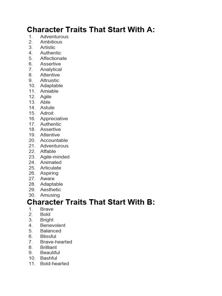 Character Traits That Start With A | PDF | Virtue | Psychology