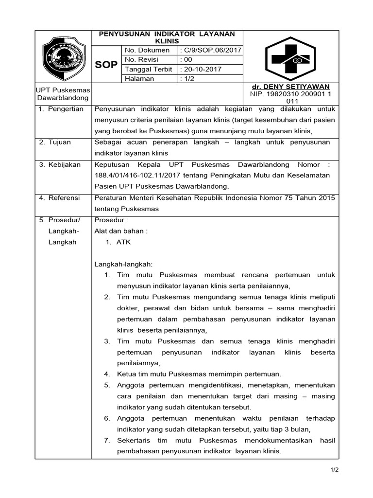 9.1.2.3 Sop Penyusunan Indikator Layanan Klinis Dawar | PDF