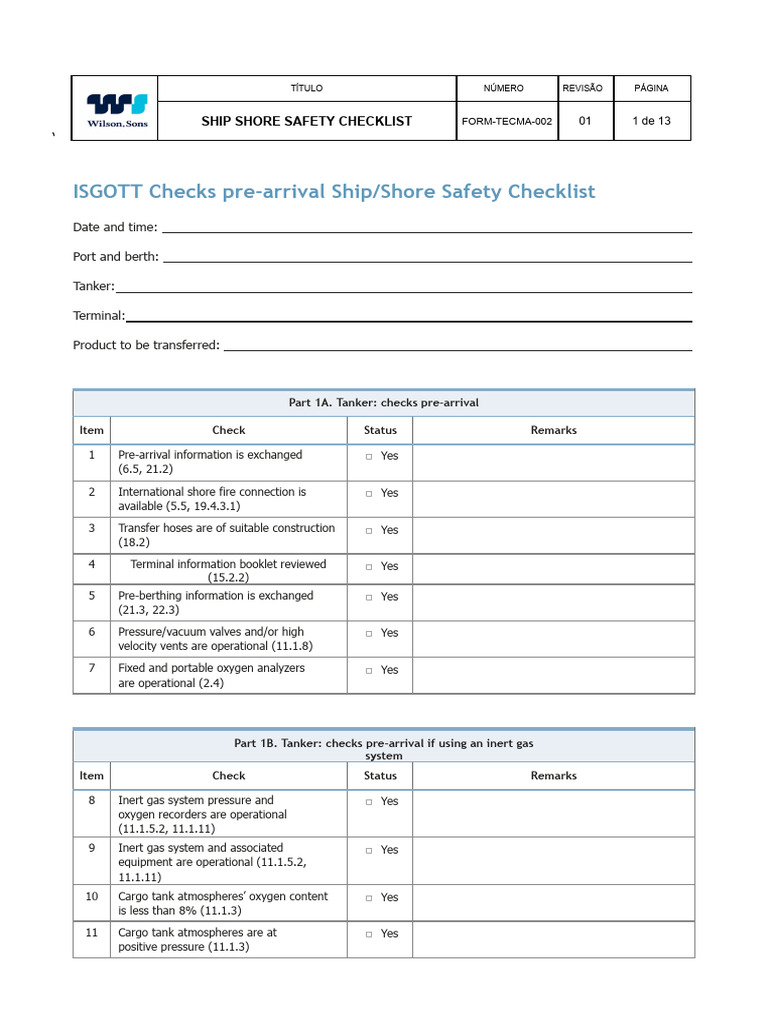 ISGOTT 6 - Ship Shore Checklists | PDF | Oil Tanker | Gases