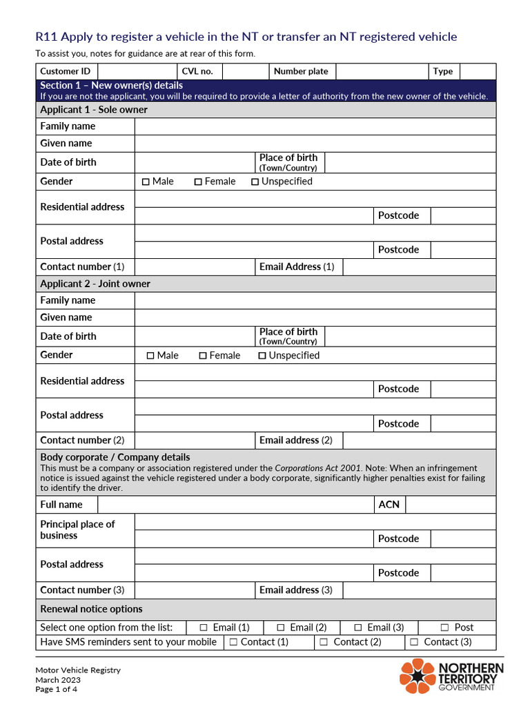 r11 Apply To Register Vehicle or Transfer NT Registered Vehicle | PDF