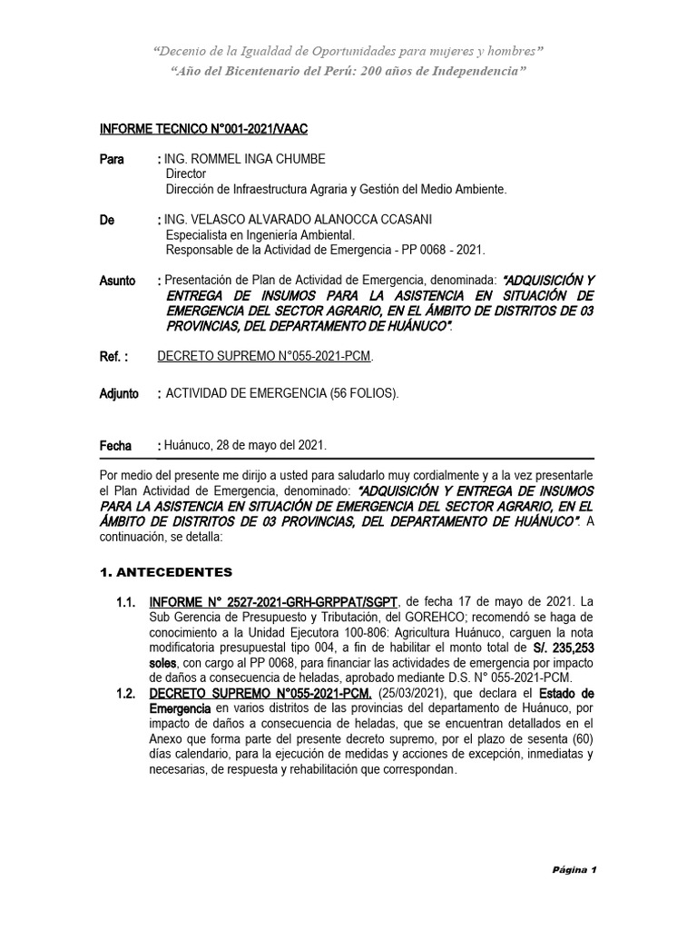 Informe Tecnico #001-Act. Emergencia | PDF | Ciencias Políticas