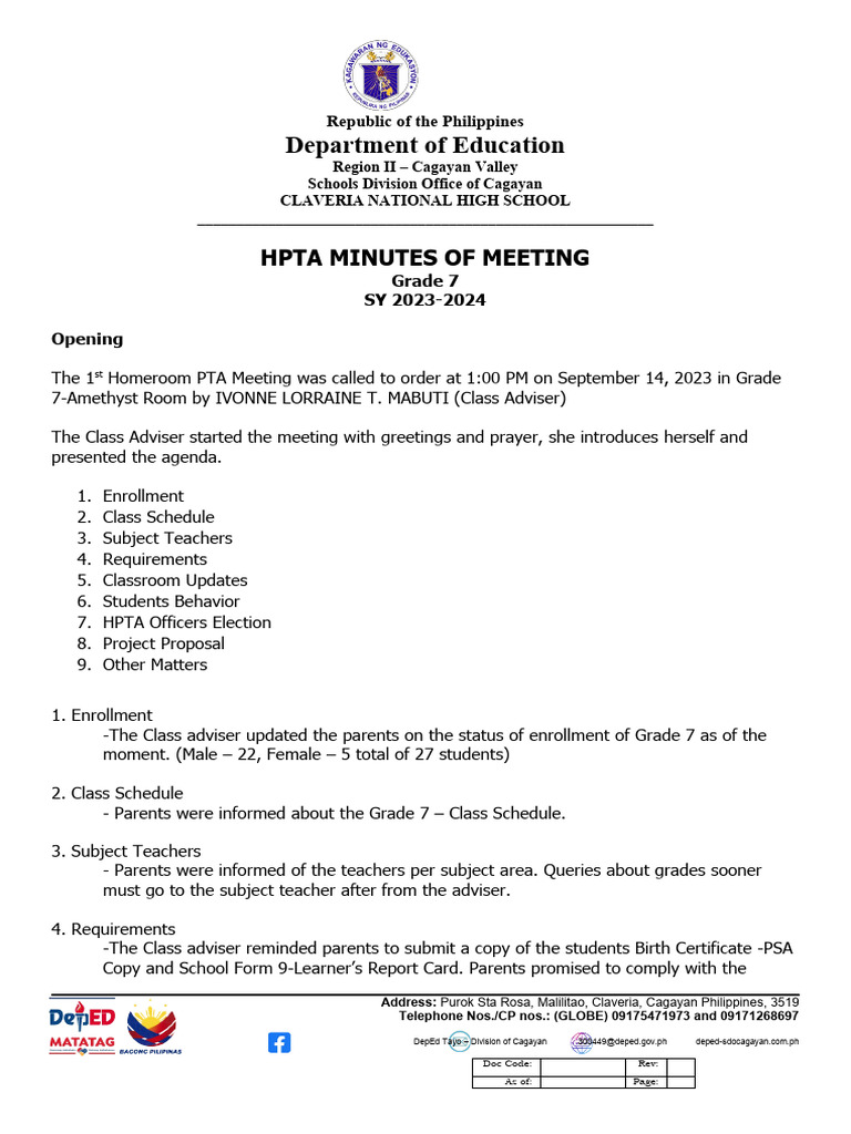 Minutes of Meeting Q1-HPTA SY23-24 | PDF