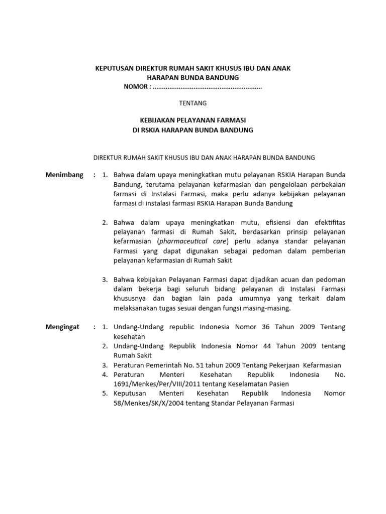 Kebijakan Pelayanan Farmasi RSKIA Bandung | PDF