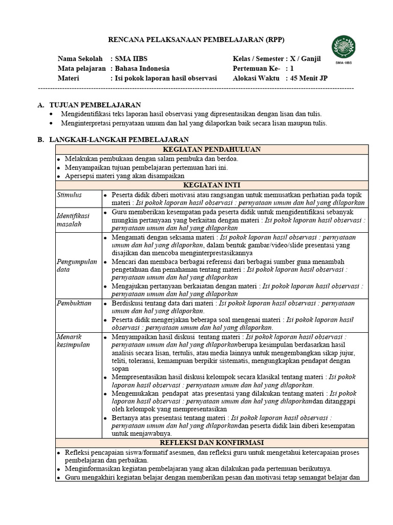 RPP 1 - Isi Pokok Laporan Hasil Observasi | PDF
