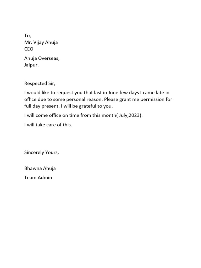 Late Coming Request for Office Permission | PDF