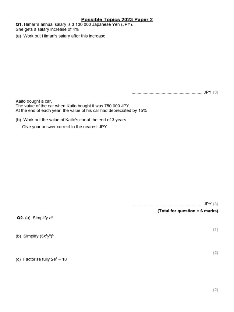 Possible Topic Paper 2 2023 | PDF | Circle | Japanese Yen