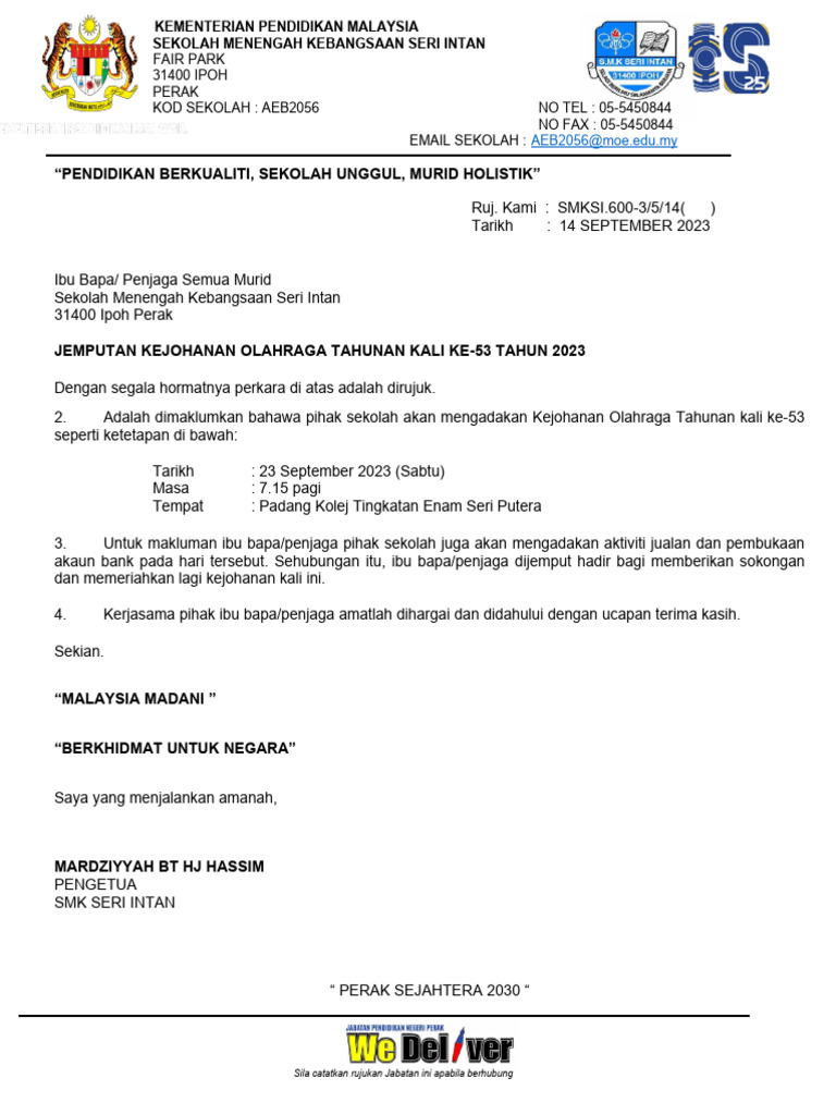 Surat Jemputan Ibu Bapa Sukan | PDF