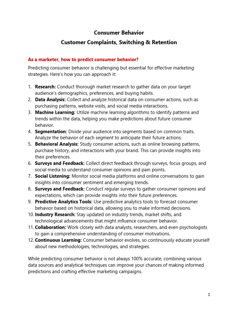 Predicting Consumer Behavior & Complaints | PDF | Consumer Behaviour | Customer Satisfaction