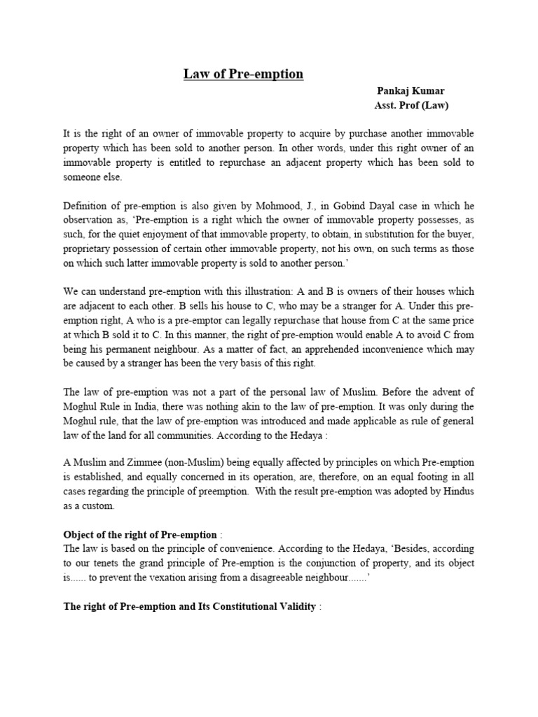 Law of Pre-Emption (Muslim Law) | PDF | Property | Constitution