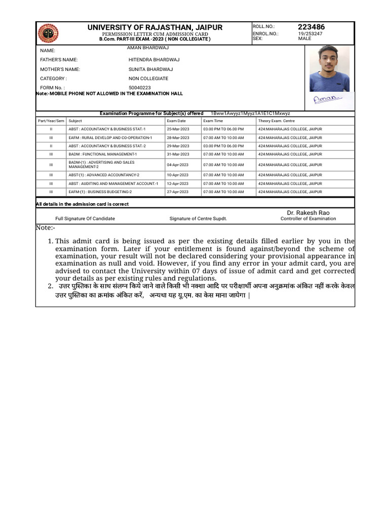 University of Rajasthan Admit Card | PDF