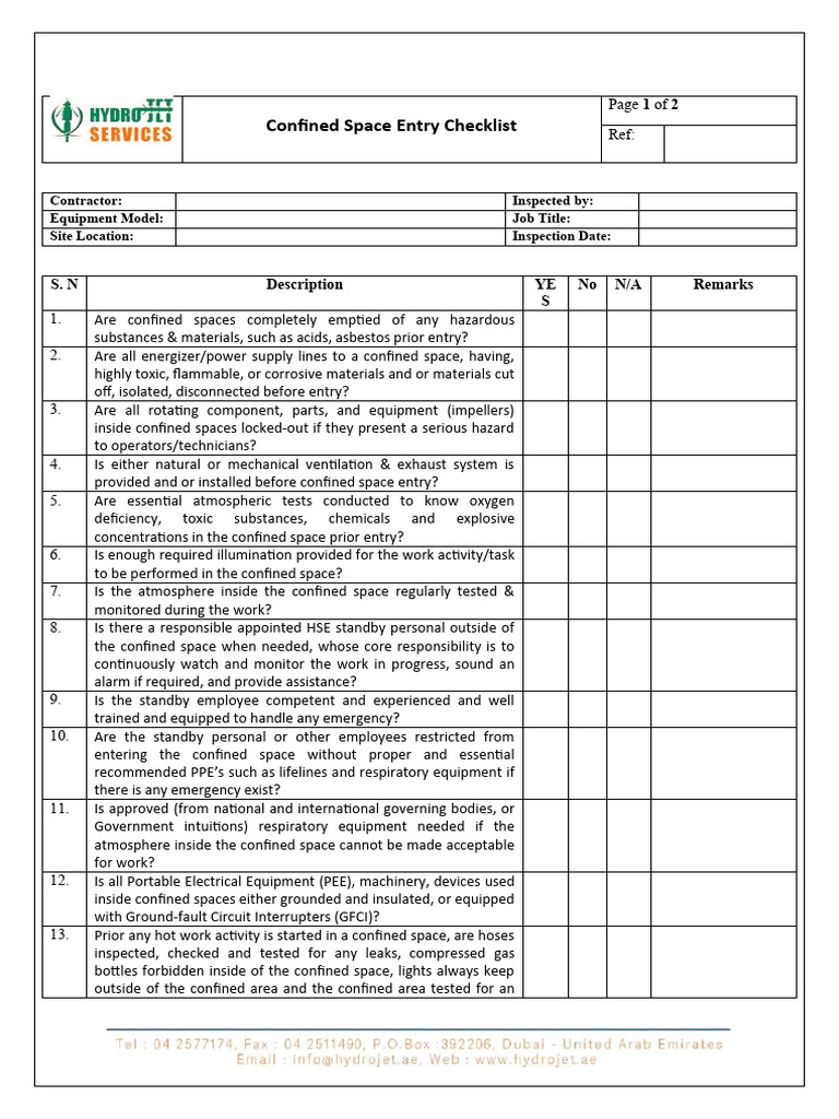 Confined Space Checklist Confined Space Entry Program