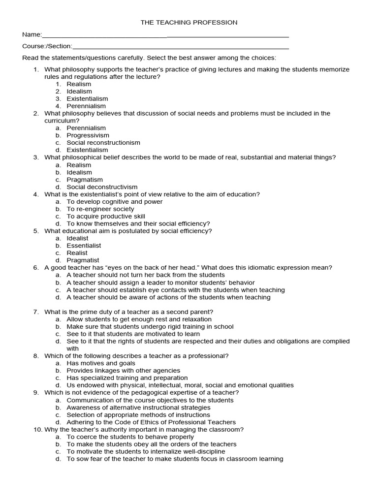 Teaching Profession MCQs and Answers | PDF | Teachers | Pragmatism