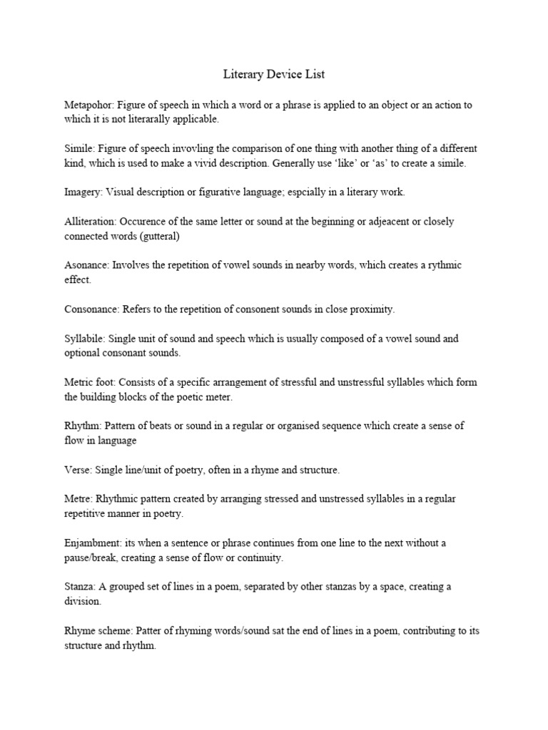 IGCSE Literature - Literary Device List | PDF | Poetry | Metre (Poetry)