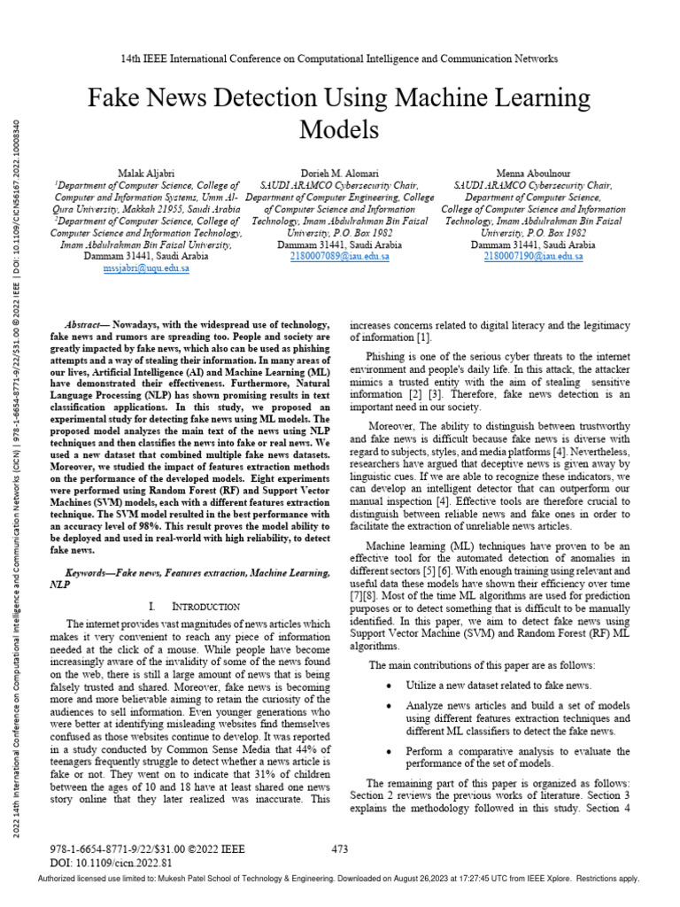 Fake News Detection Using Machine Learning Models Pdf Support Vector Machine Machine Learning