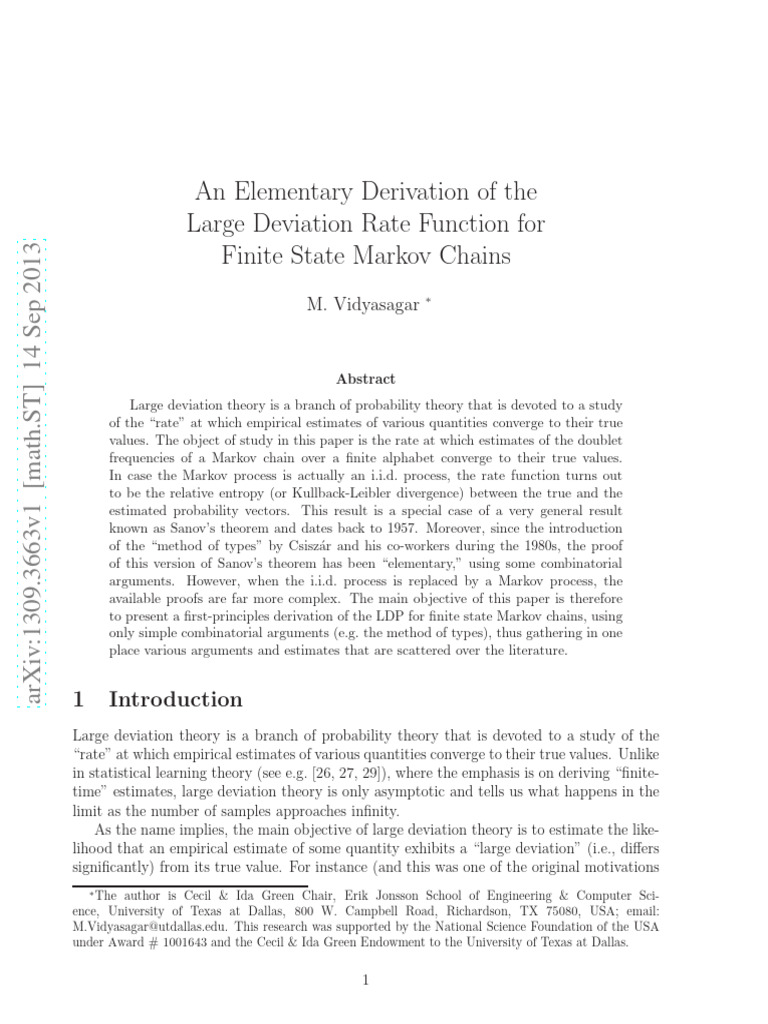 An Elementary Derivation of The Large Deviation Rate Function For Finite State Markov Chains ...
