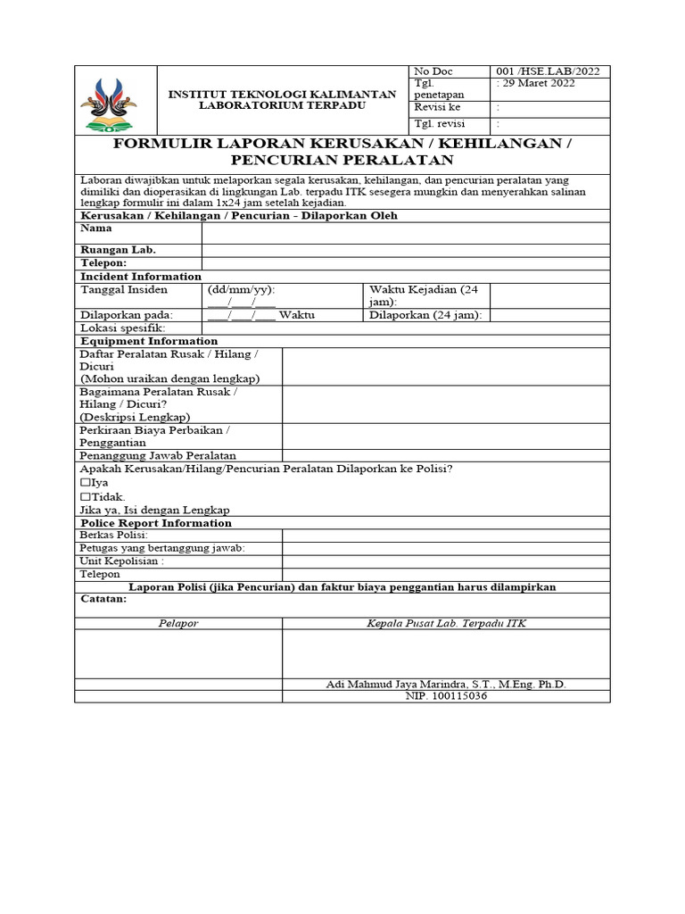 Formulir Laporan Kerusakan Alat Lab | PDF | Sains & Matematika ...