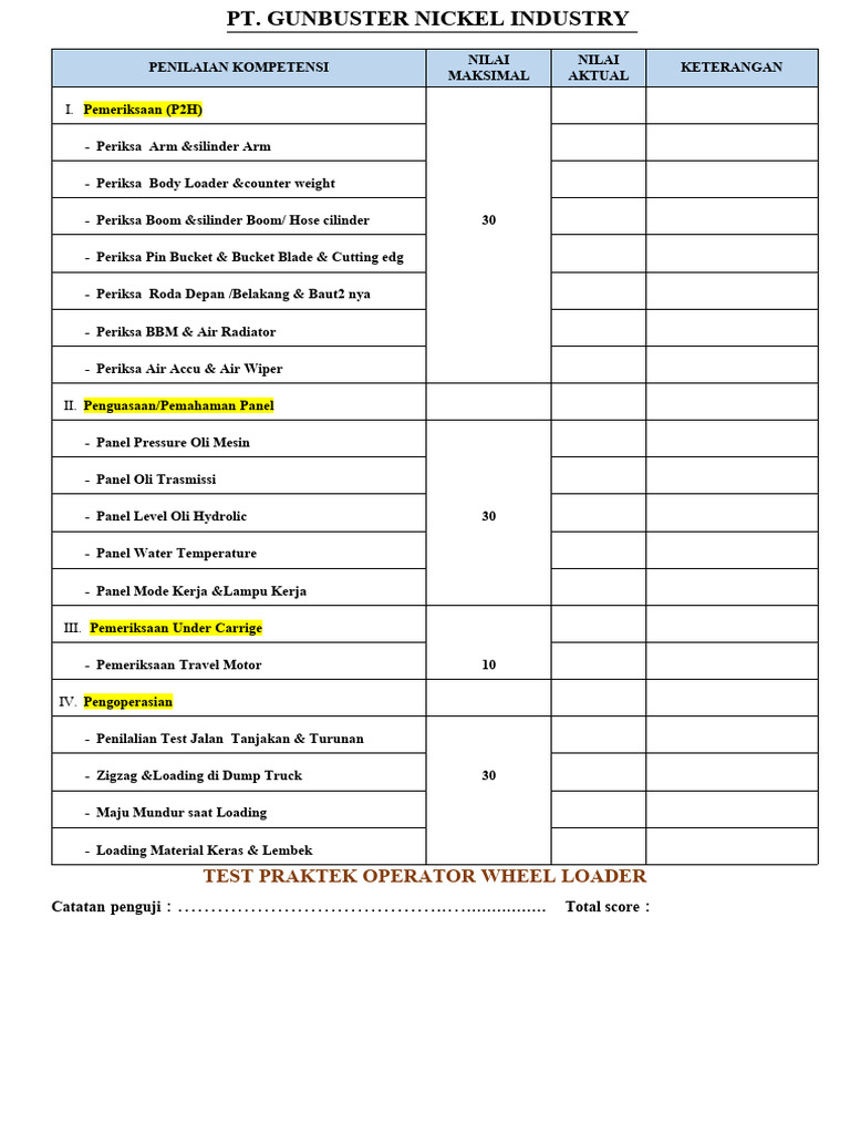 Uji Kompetensi Operator Wheel Loader | PDF