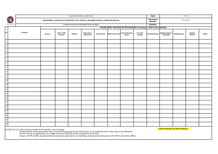 PPE Issuance Record and Guidelines | PDF | Personal Protective ...