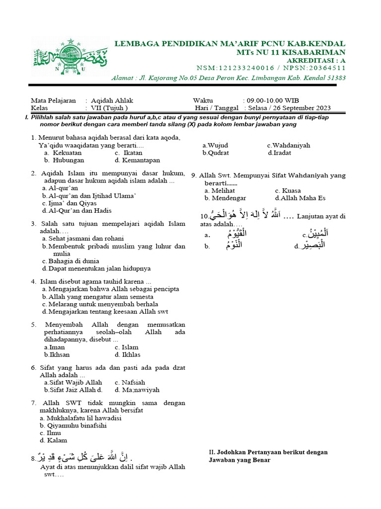 Soal PTS Ganjil AQIDAH 7 2023 | PDF