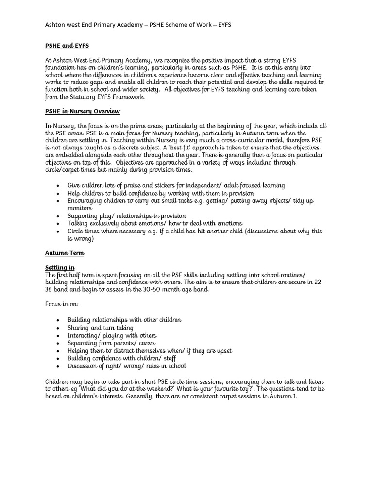 EYFS PSHE Curriculum Overview | PDF