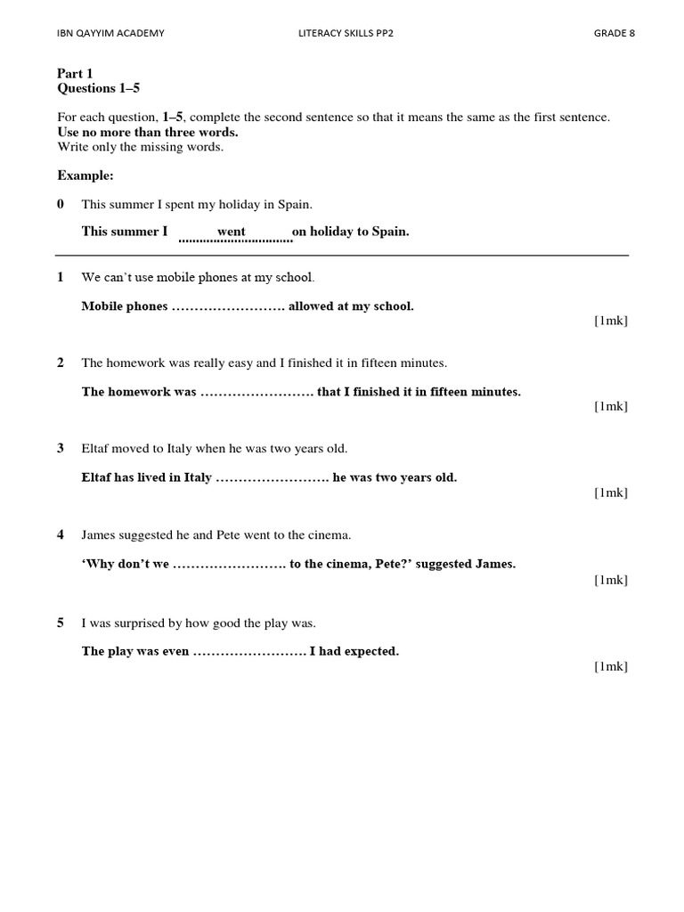 Grade 8 Literacy Skills Test | PDF | Linguistics | Human Communication