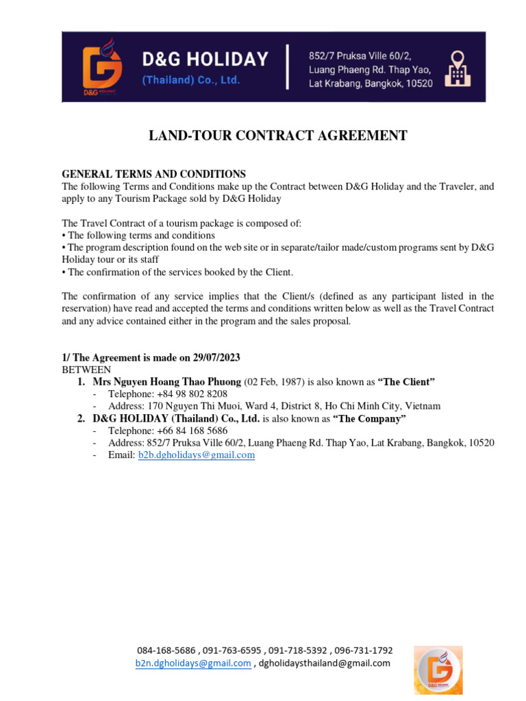 D&G Holiday Contract Agreement - Draft | PDF | Credit Card | Fare