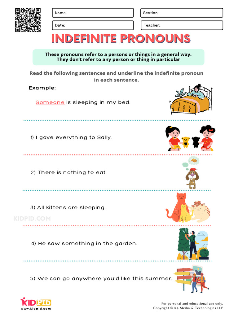 Indefinite Pronouns Worksheets For Grade 1 | PDF | Wellness