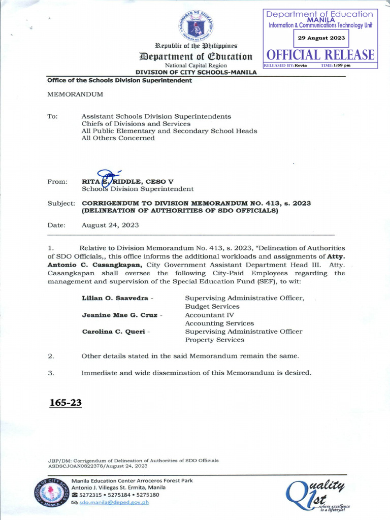 Um 165 S. 2023 Corrigendum To Division Memorandum No. 413 S. 2023 ...