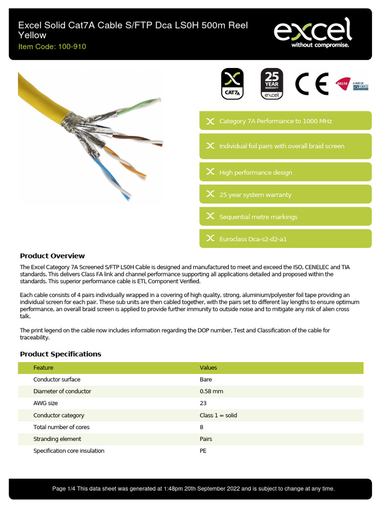 Excel Solid Cat7A Cable S/FTP Dca LS0H 500m Reel Yellow: Item Code: 100-910 | PDF | Smoke ...