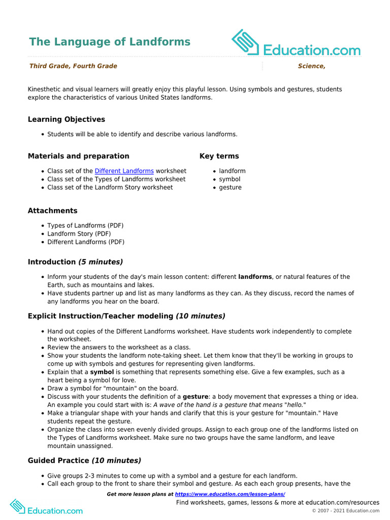 Lesson Plans - The Language of Landforms - The Language of Landforms | PDF