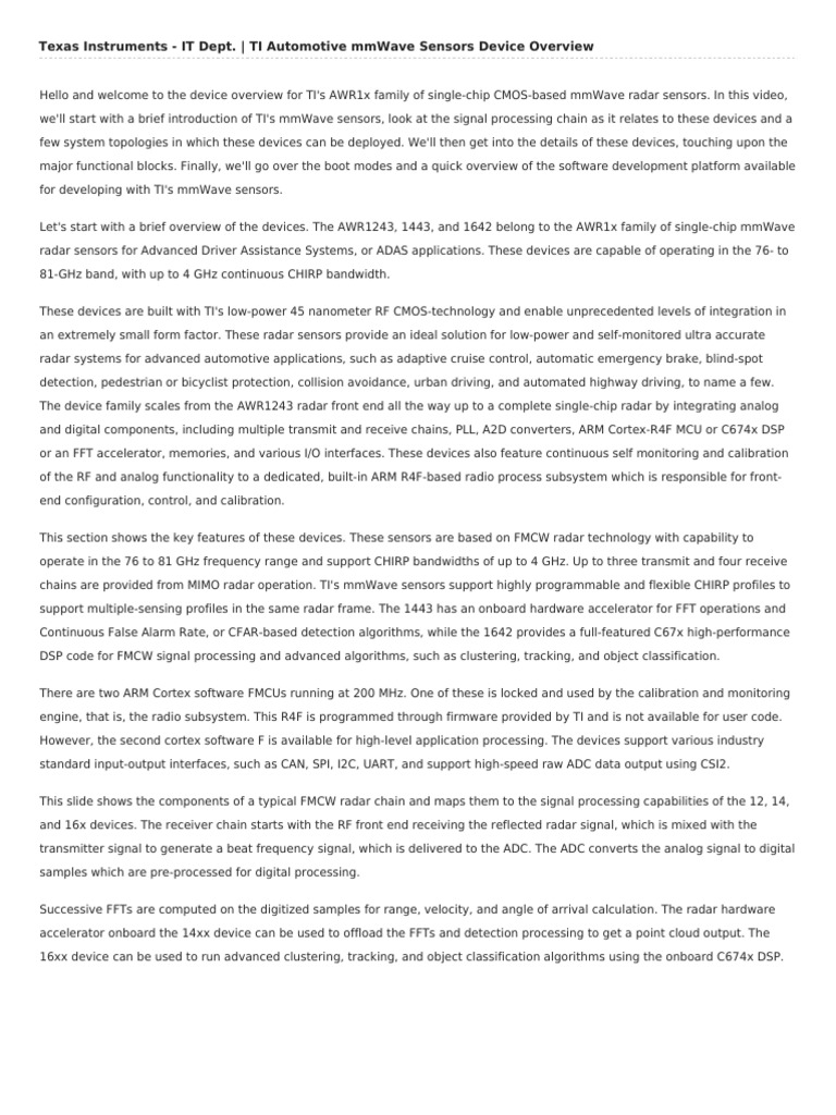 TI Automotive Mmwave Sensors Device Overview | PDF | Radar | Digital ...