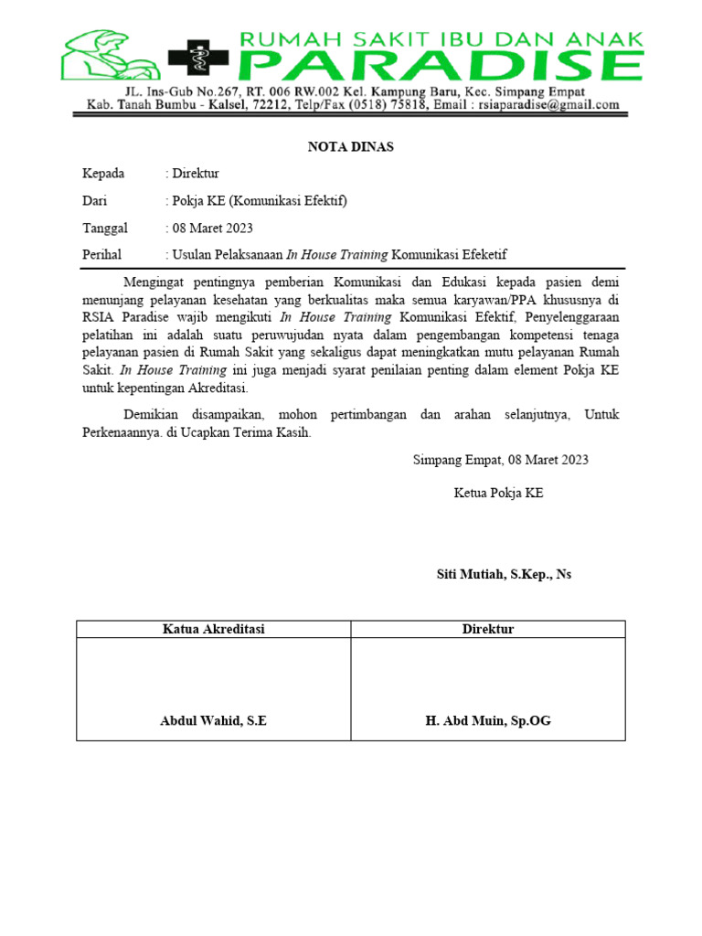 Nota Dinas Tor Iht Komunikasi Efektif | PDF