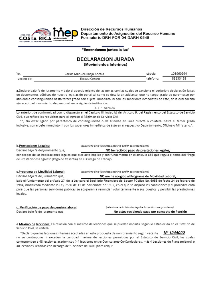 Formulario DRH For 04 DARH 0548 Declaración Jurada Interinos | PDF